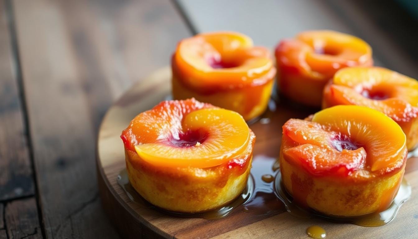 Fresh Mini peach upside down cakes - super moist dessert!
